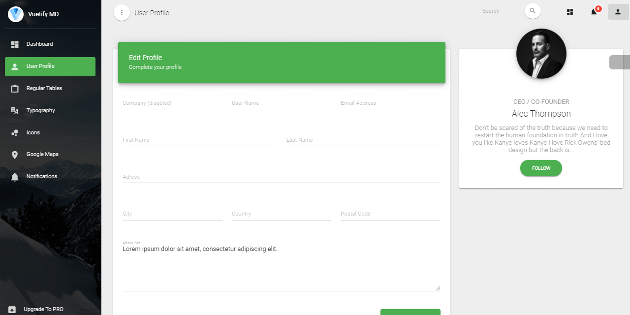 Vue Dashboard - Vuetify Material