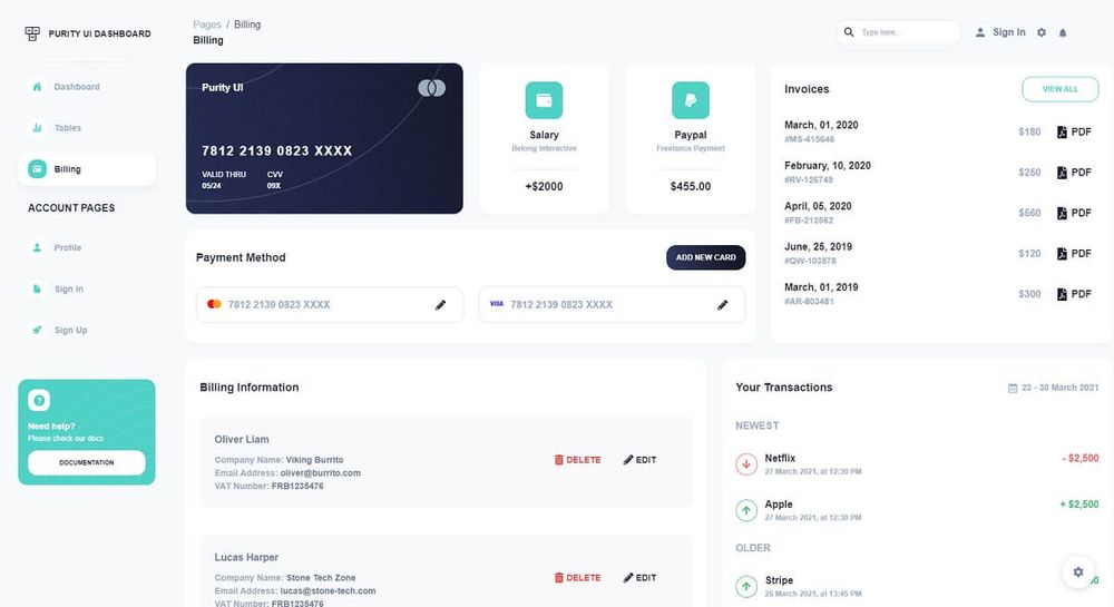 Free React Dashboard - Purity Chakra UI