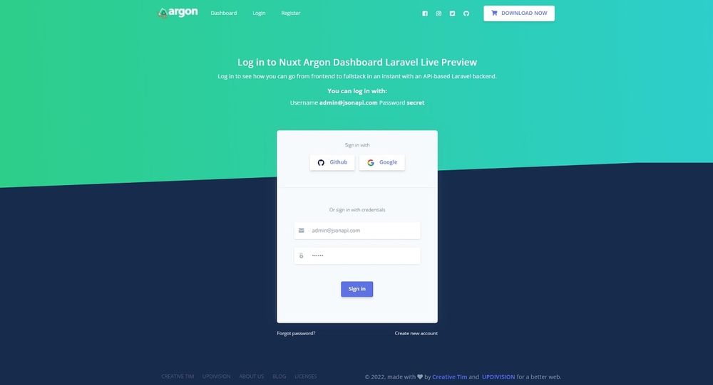 Nuxt Argon Dashboard Laravel - Free Template
