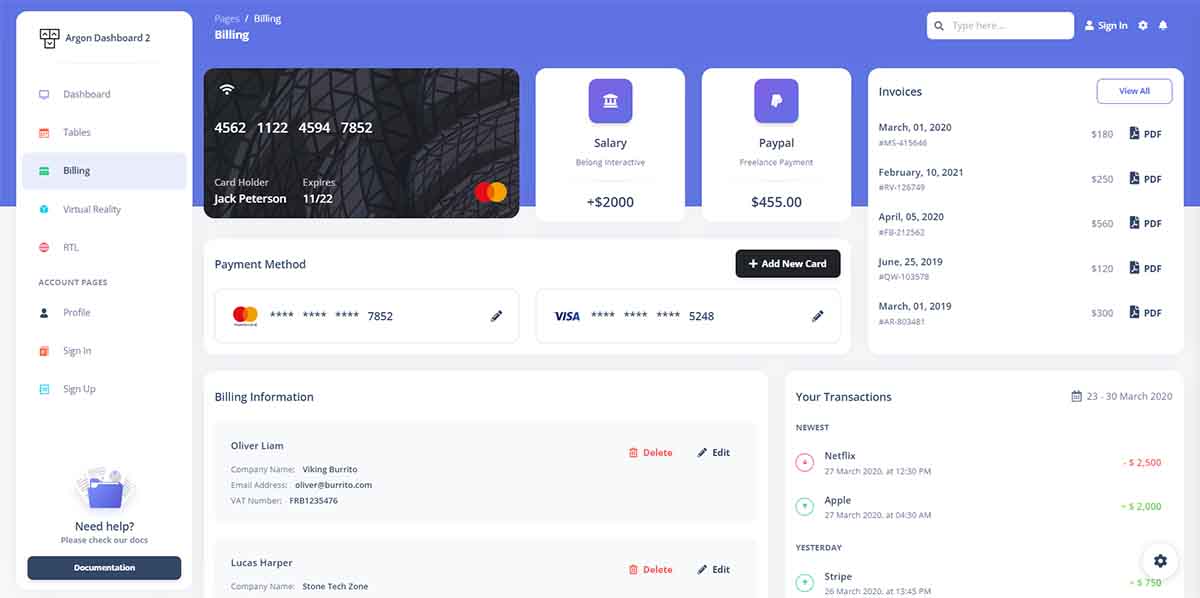 Argon Dashboard - Free Tailwind Template